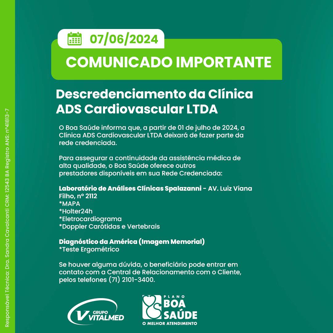 DESCREDENCIAMENTO DA CLÍNICA ADS CARDIOVASCULAR | Plano Boa Saúde